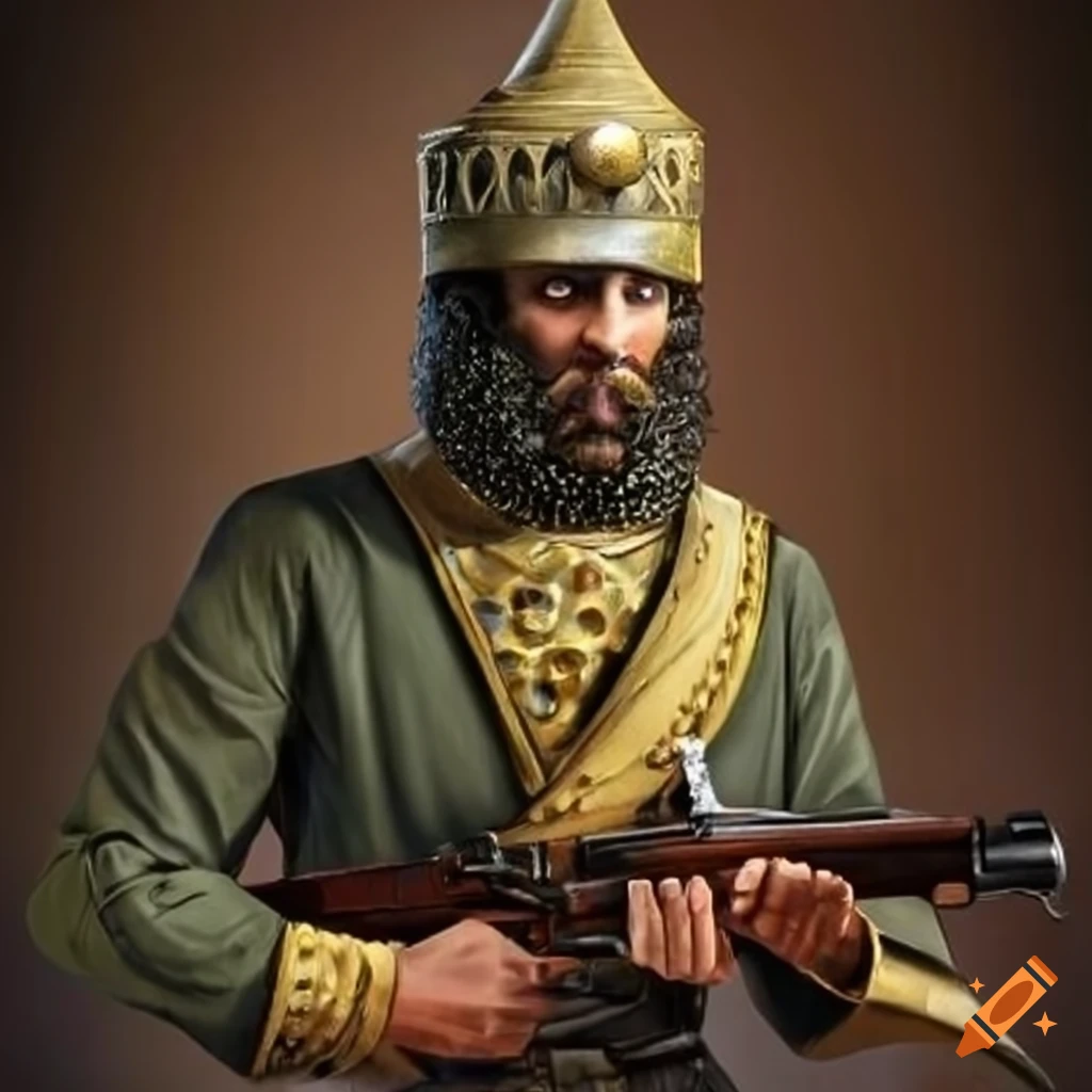 Victorian soldier with ancient Persian Empire style holding a rifle on ...