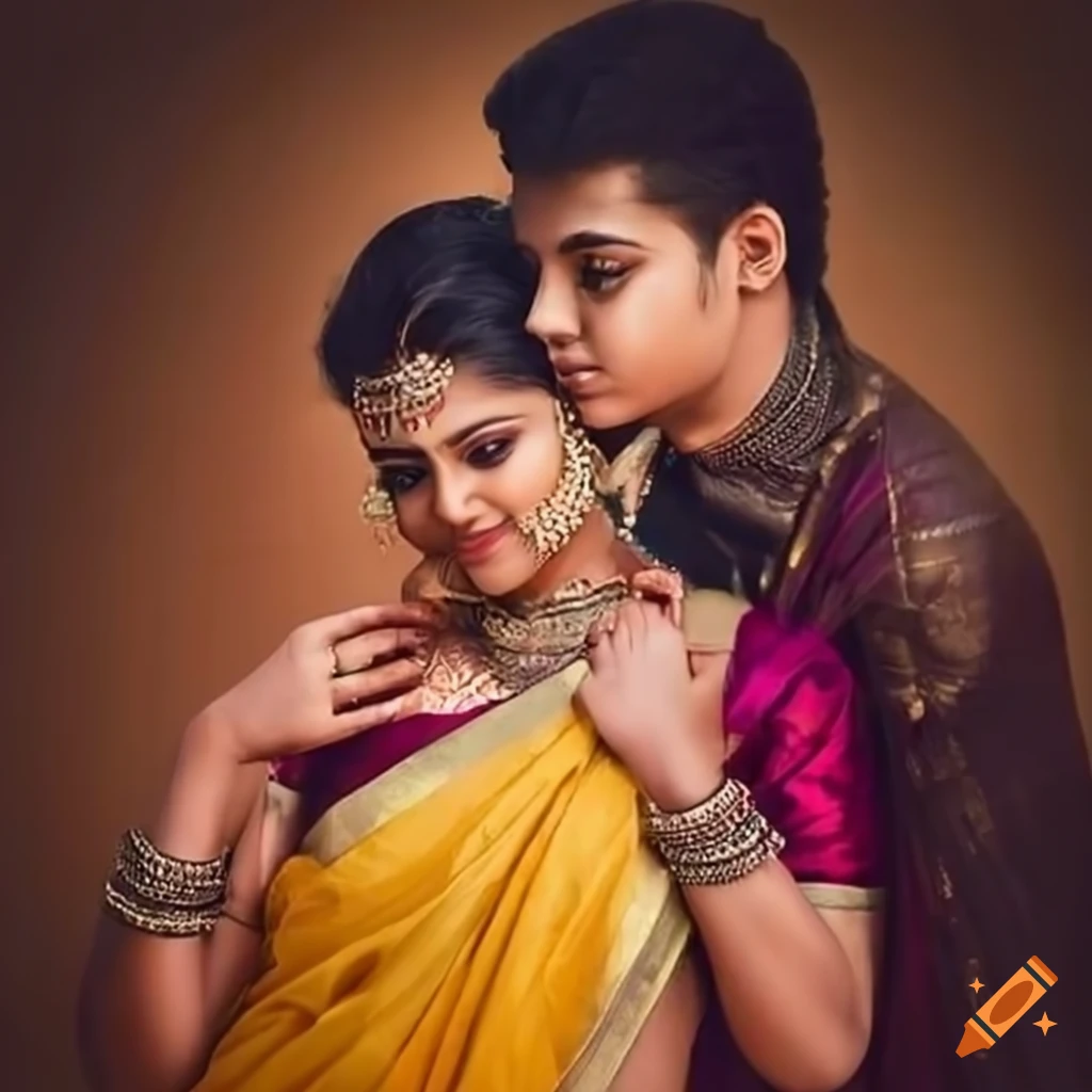 Woman wearing saree standing with boy in a romantic mood on Craiyon