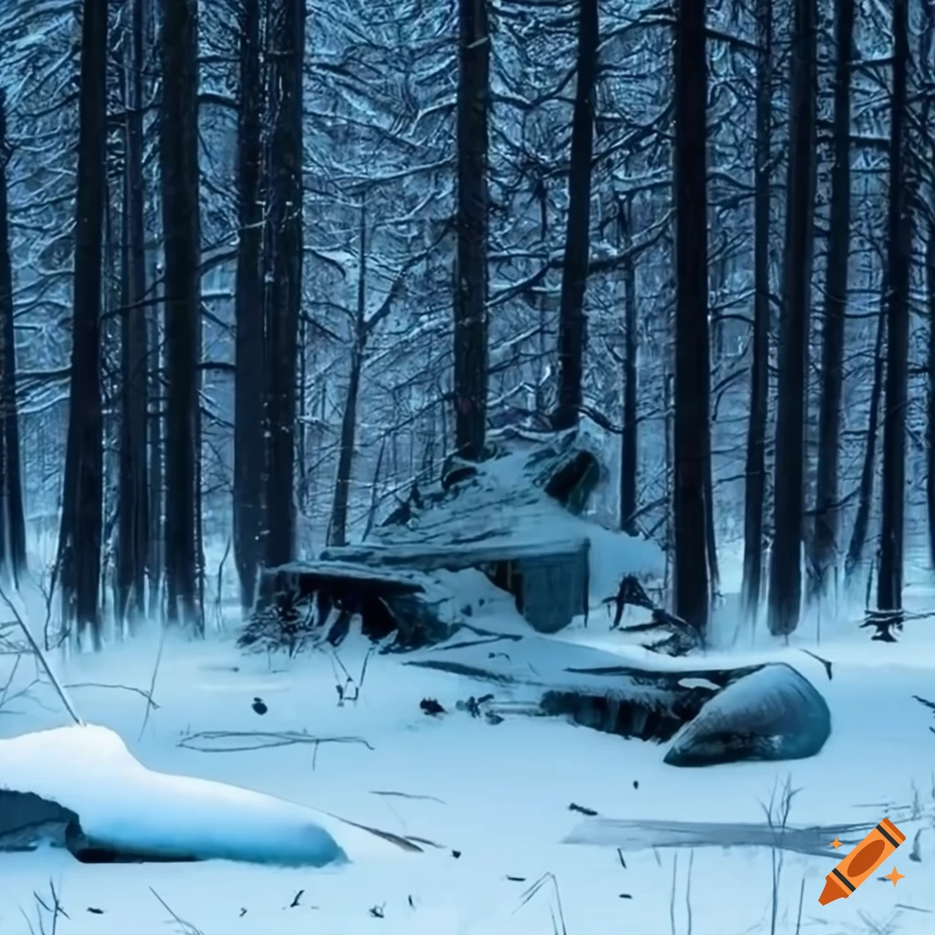 Spaceship crash in a winter forest by a lake on Craiyon