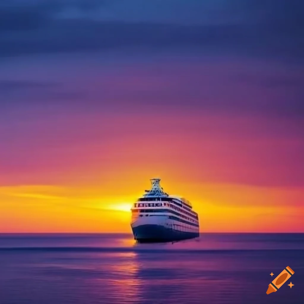 Cruise ship sailing at sea during sunset on Craiyon