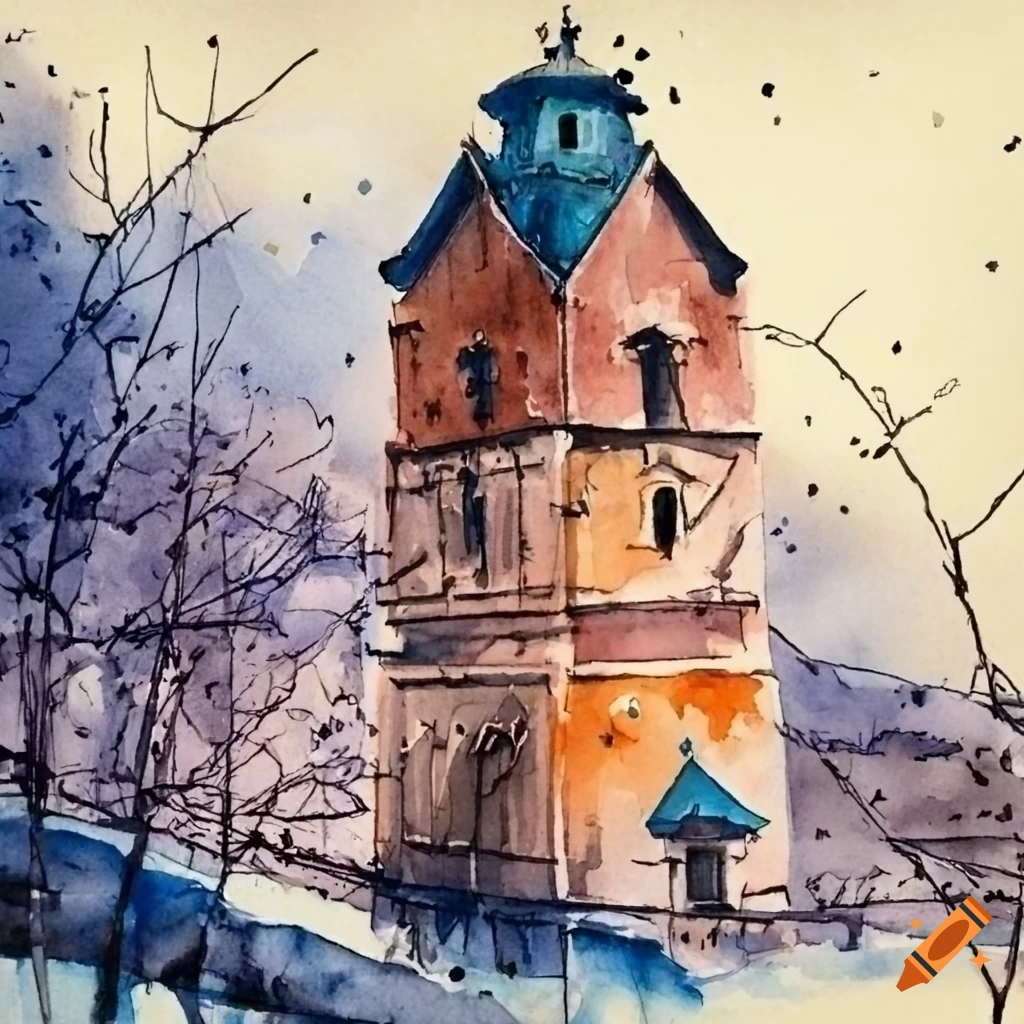 Beautiful watercolor of a Norwegian bell tower with a shattered effect ...
