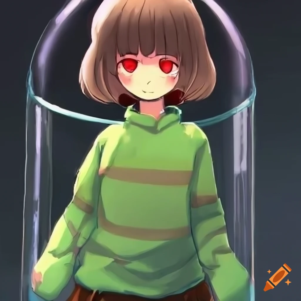 Undertale character in a glass tube inside a lab on Craiyon