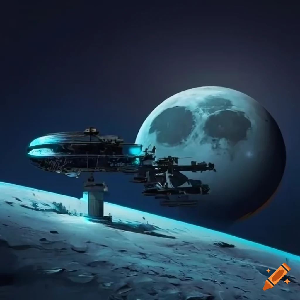 Futuristic space station with glowing structures in a lunar landscape on Craiyon