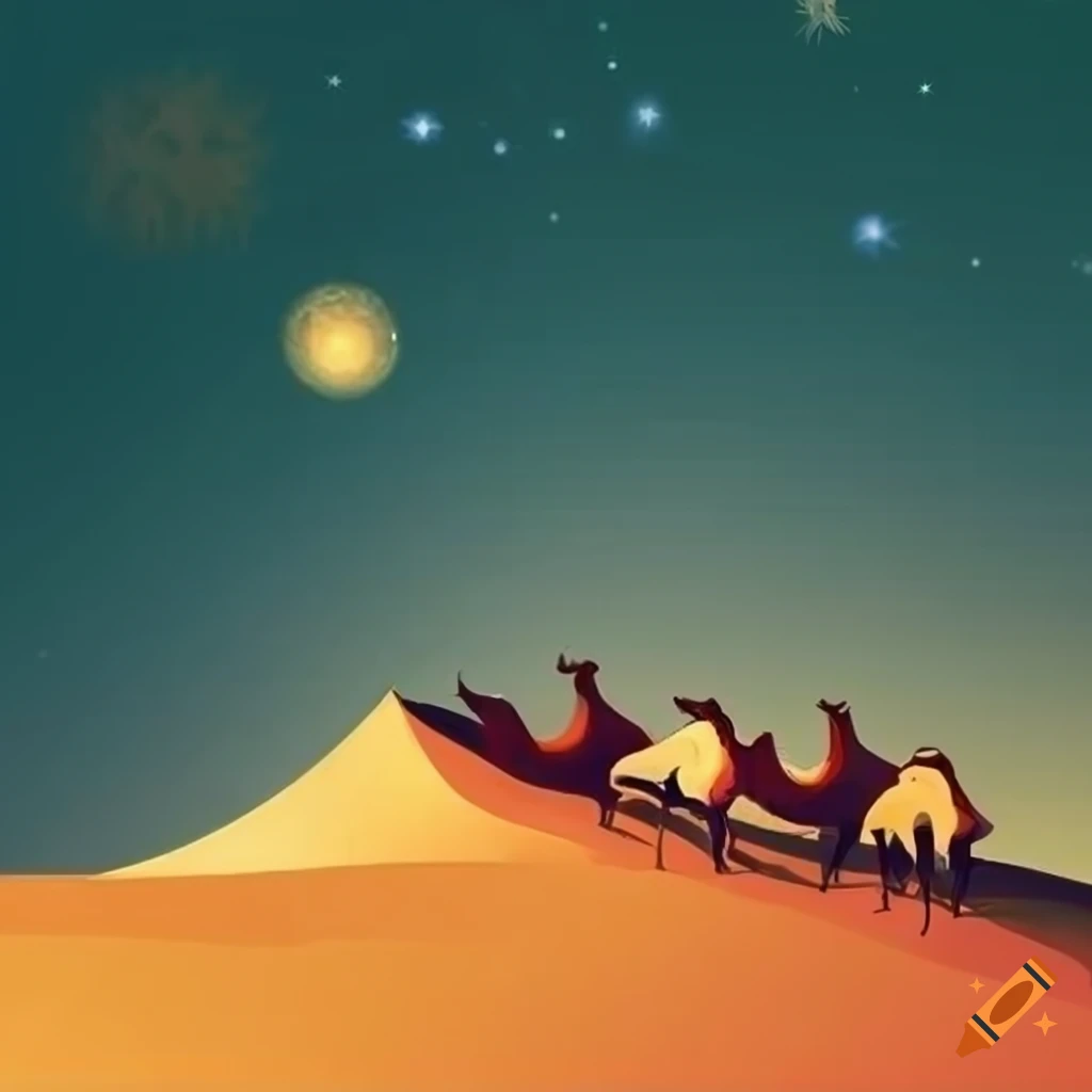 Desert landscape with camels, palm trees, and starlit sky on Craiyon