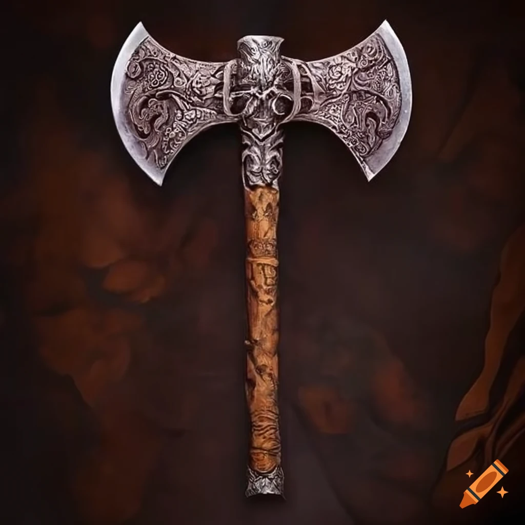 Holy battle axe with a divine glow and vine-covered hilt on Craiyon