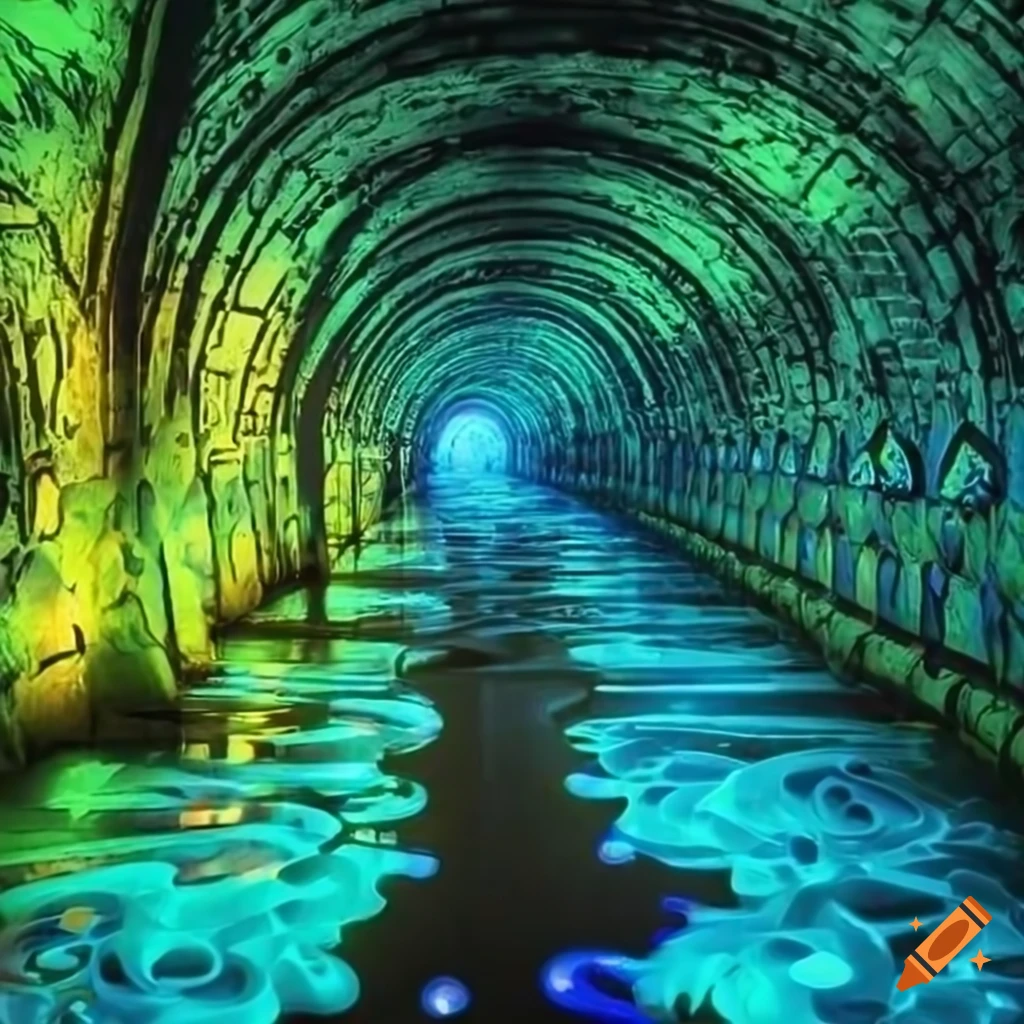 Enchanting sewer system with glowing colors and intricate patterns on ...