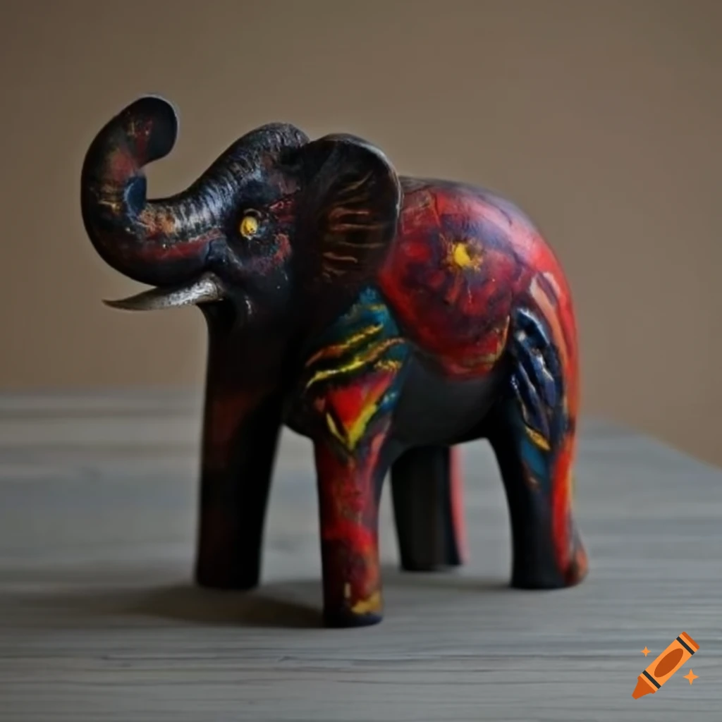 Wooden elephant with colorful markings in Bali primitive art craft on ...
