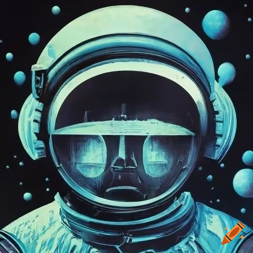 1970's sci-fi poster: reflection on an astronaut's visor of a desolate ...