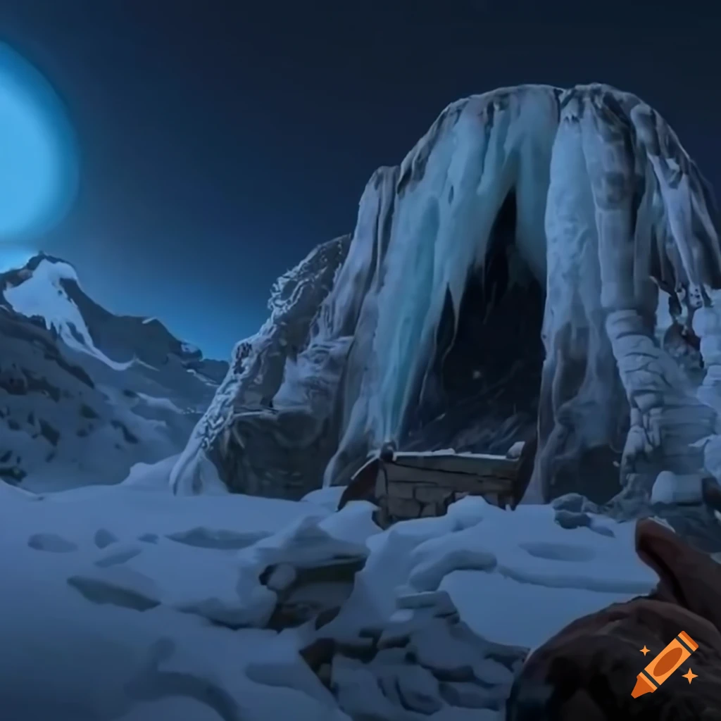 DnD-themed ice giant doorway with an avalanche on a snowy mountain peak ...