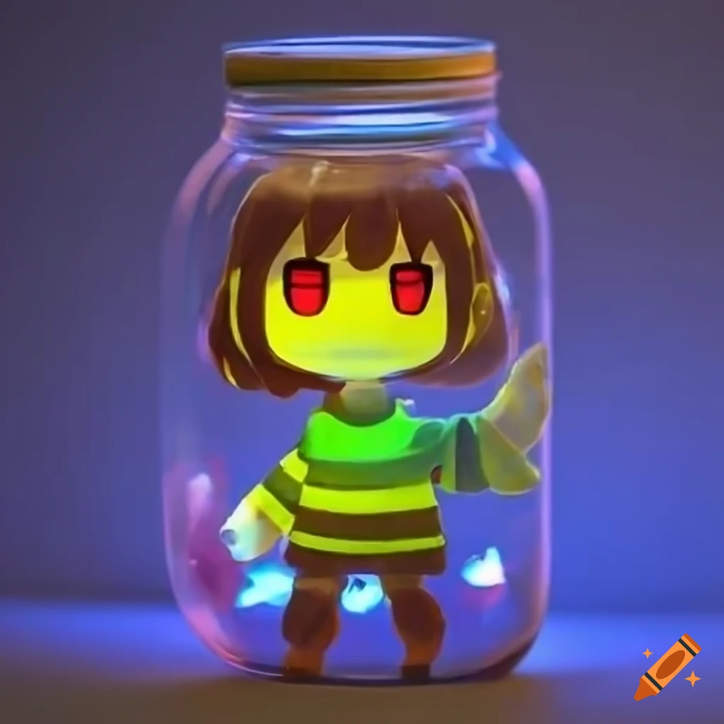 Chara from Undertale in a glass jar filled with glowing liquid on Craiyon
