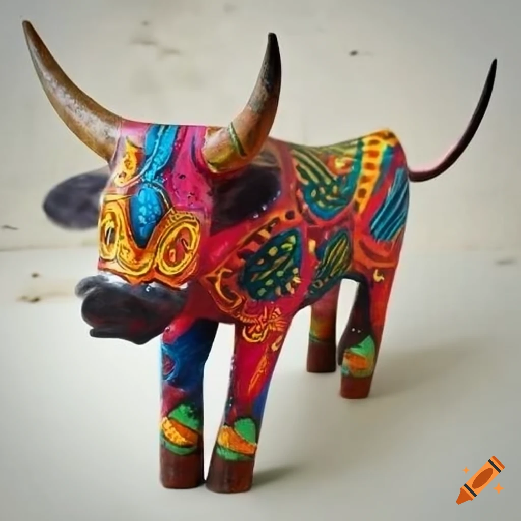 Wooden Bali bull with colorful markings in a primitive art style on Craiyon