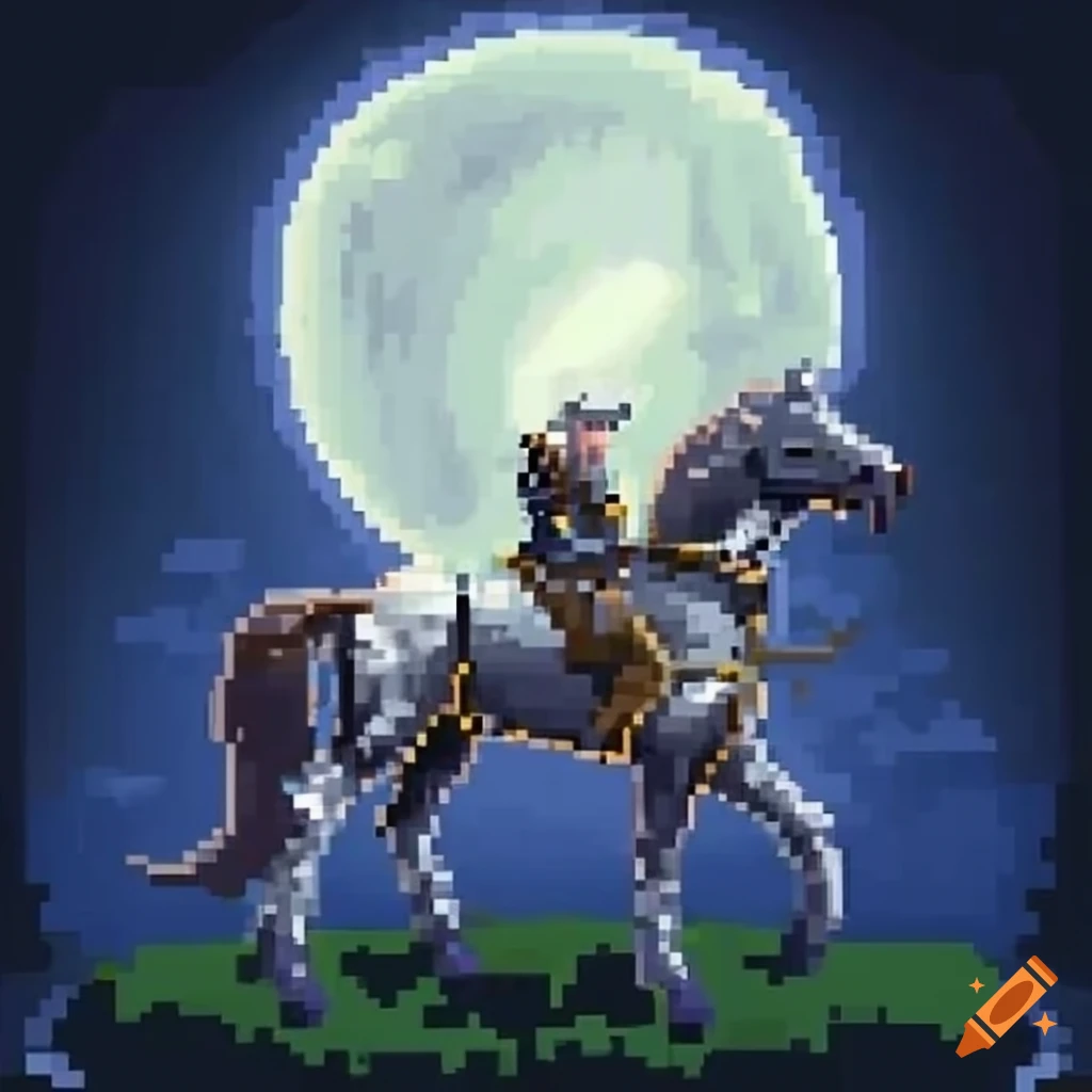 Pixel art of a magic knight riding a horse under the moon on Craiyon