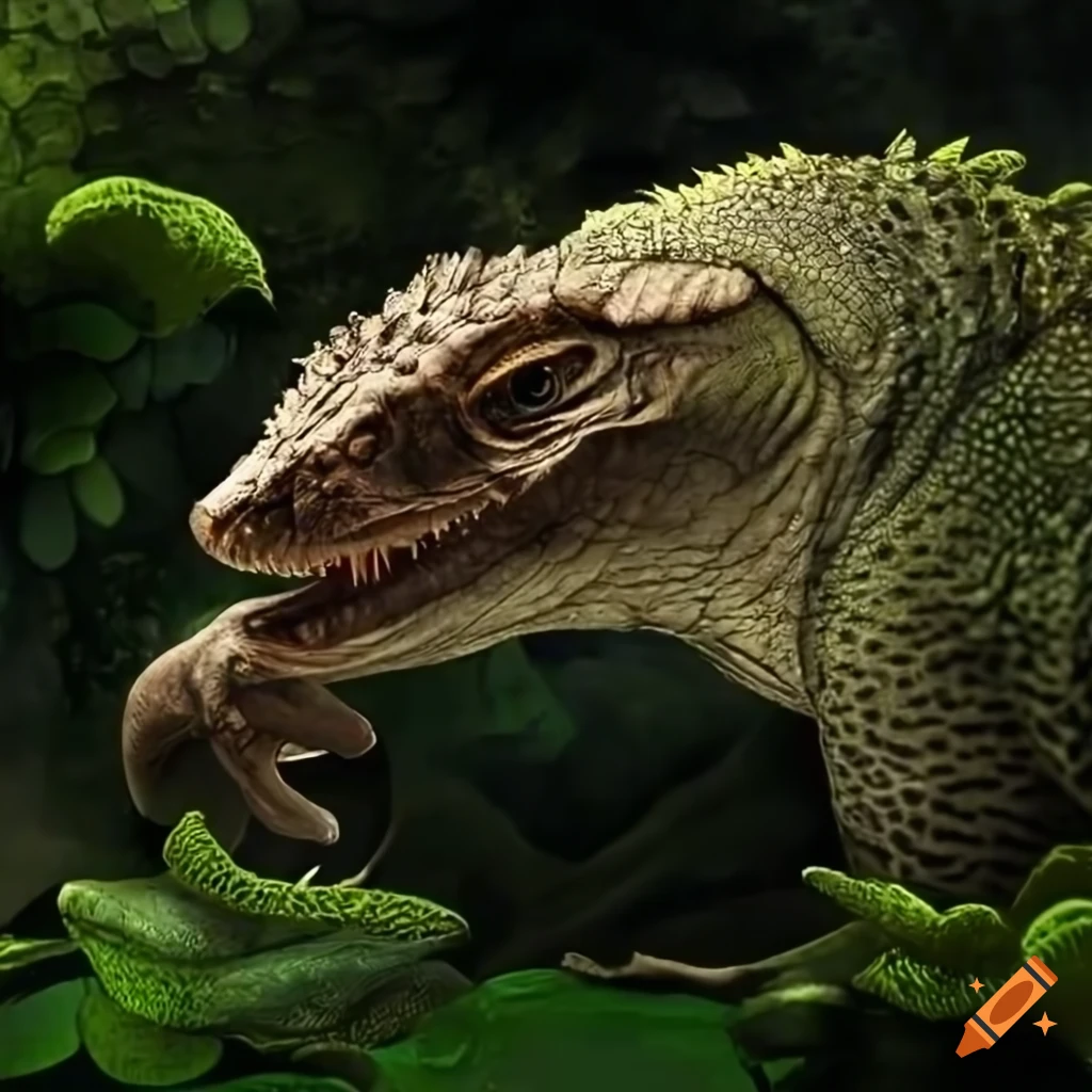 Mystical prehistoric creature in dense jungle with sharp teeth and ...