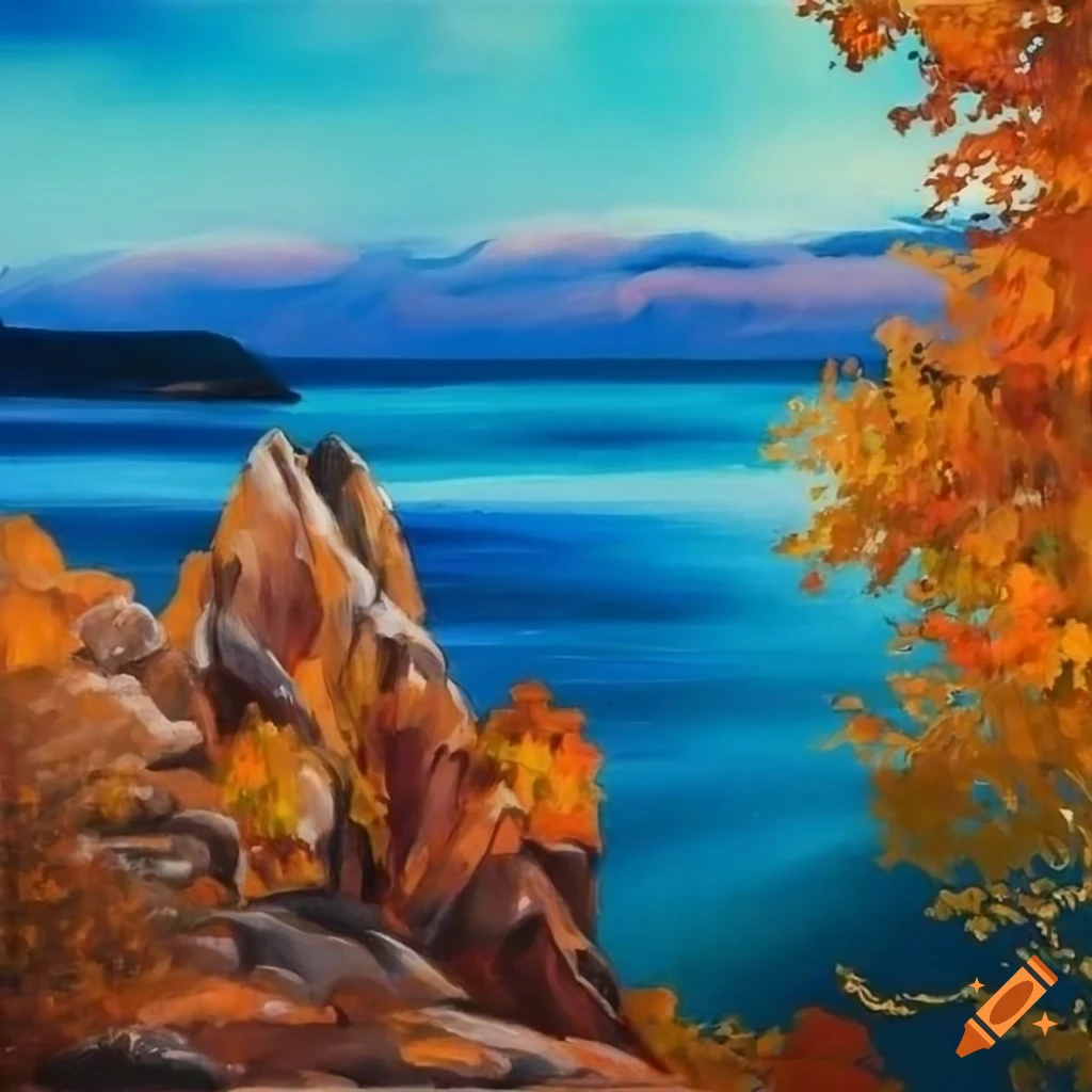 Zhostovo painting of lake baikal rocks in autumn on Craiyon