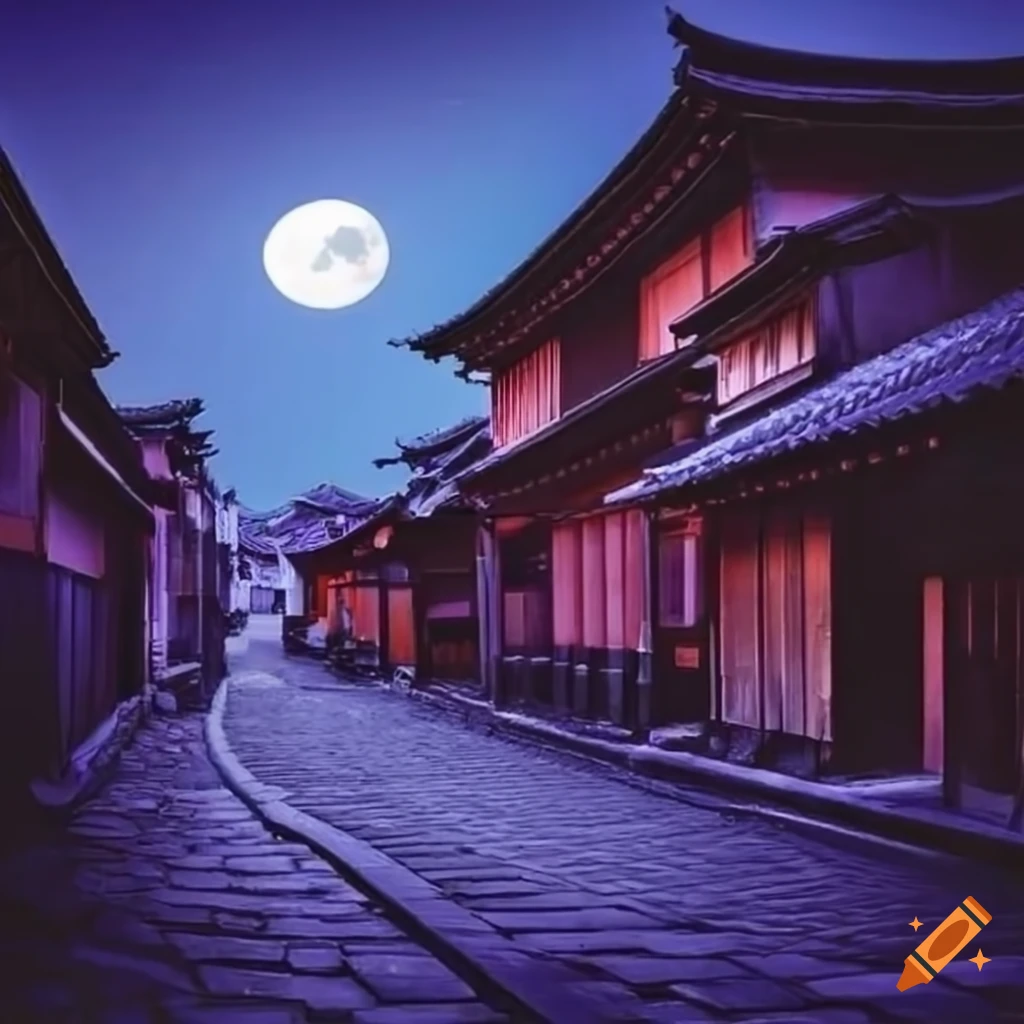 Medieval kyoto with dark purple hue and silver lined streets under a white full moon on Craiyon