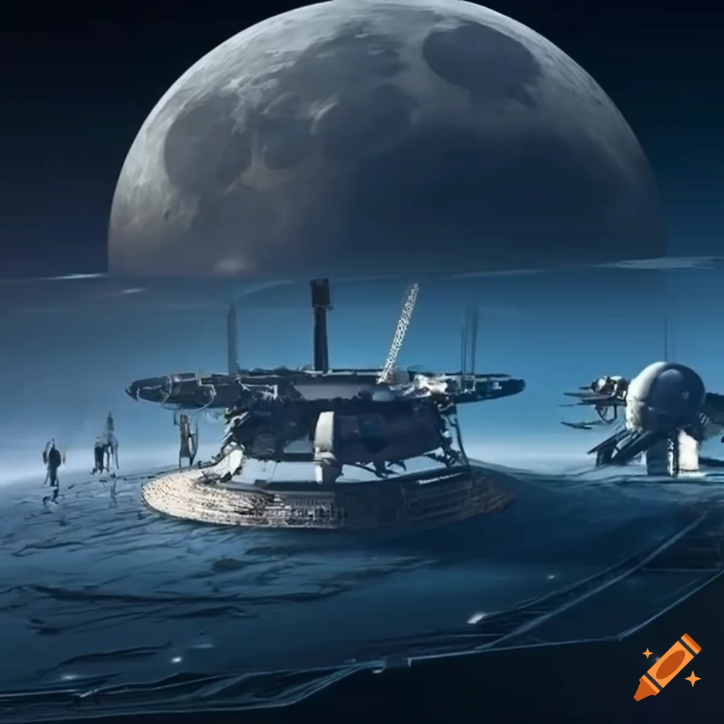 Futuristic space station with glowing structures in lunar landscape on Craiyon