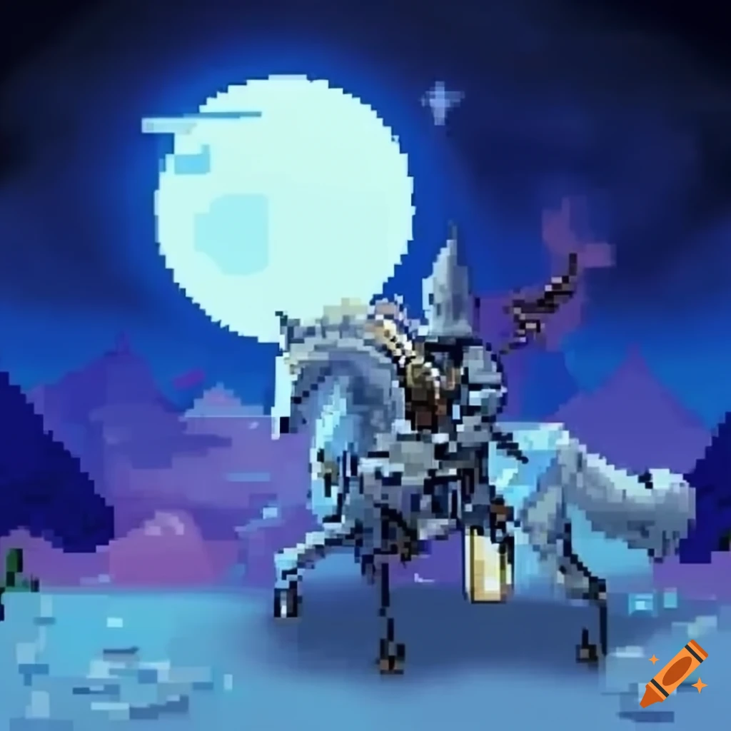 Pixel art of a wizard knight riding a horse under the moon on Craiyon