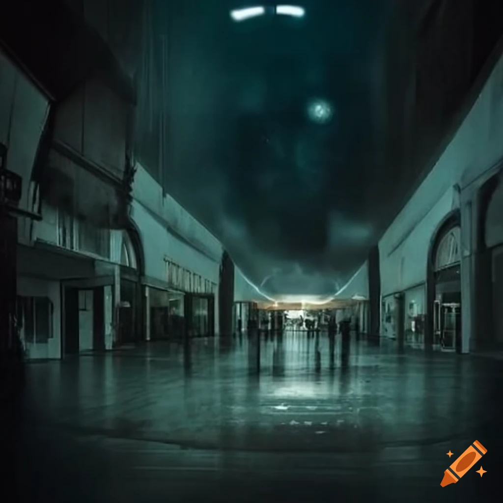 Intricate hyper-realistic modern dead shopping-mall with a mysterious ...