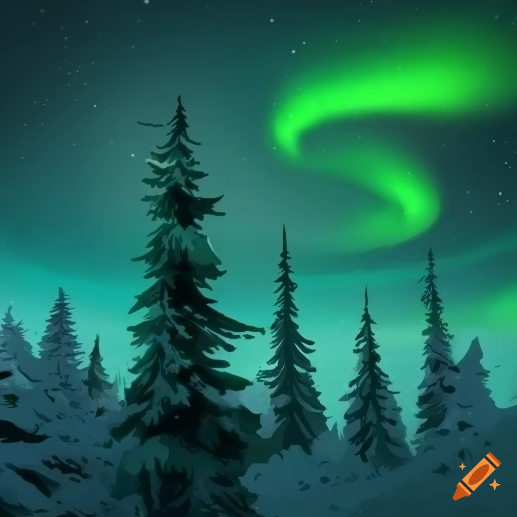 Norse style comic cover of snow-covered forest under northern lights on ...