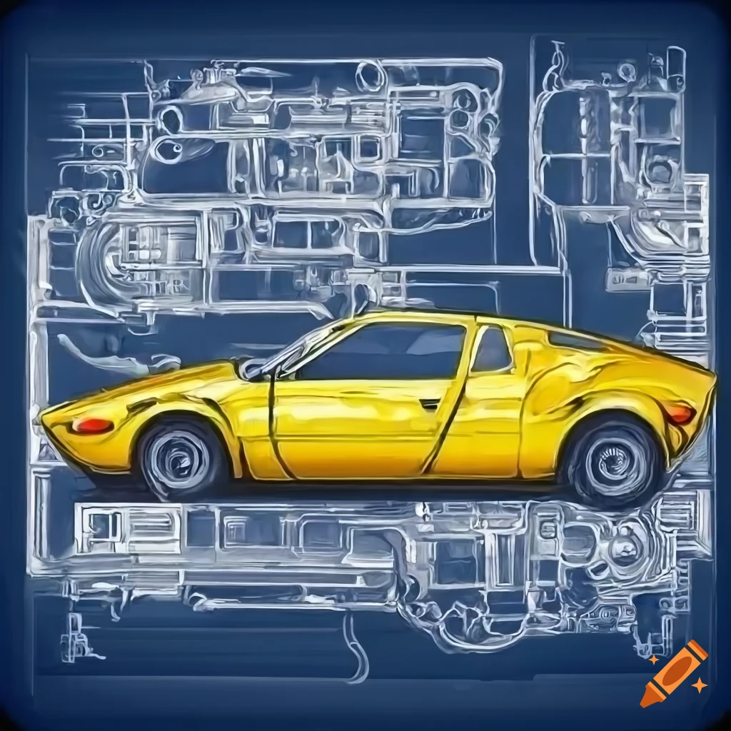 Detailed blueprint sectional view of a yellow alpine a310 sports car ...