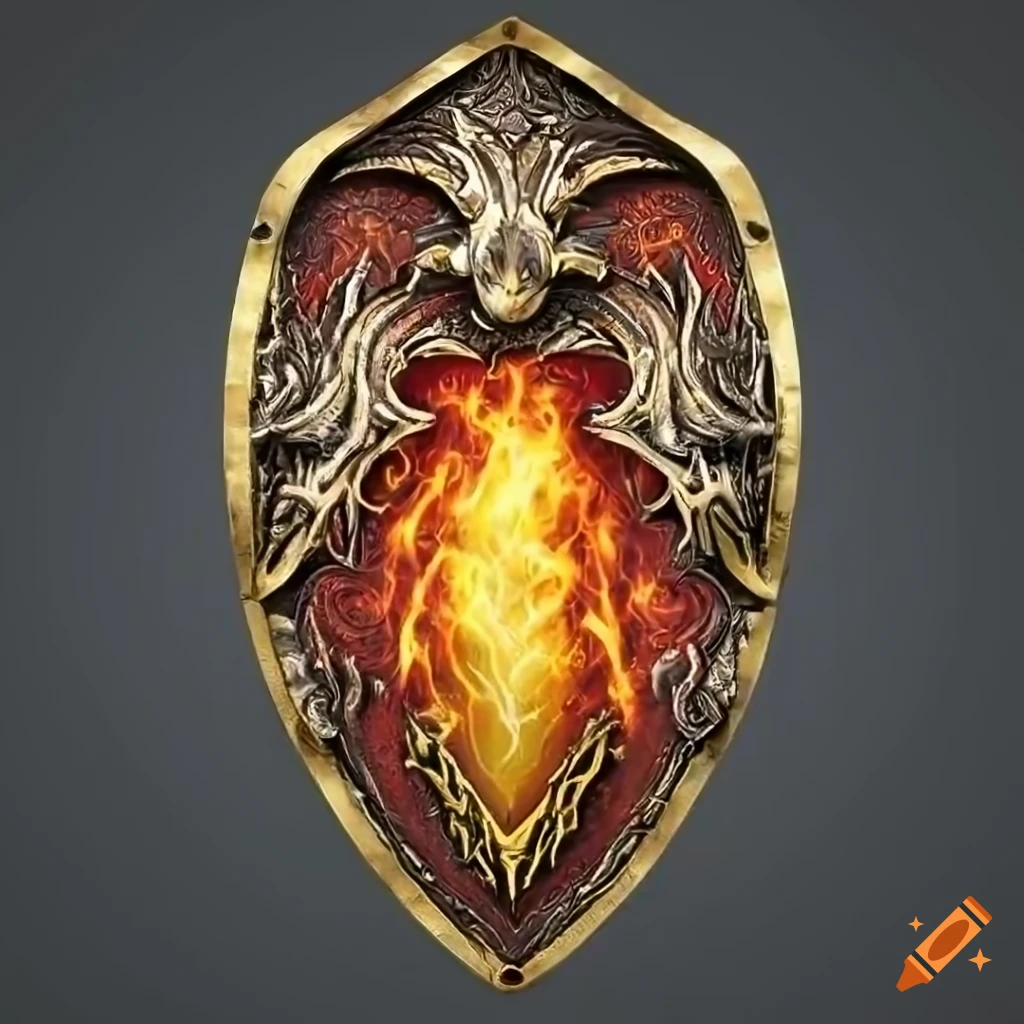 Ornate dragon shield with fire designs from a mythical realm on Craiyon