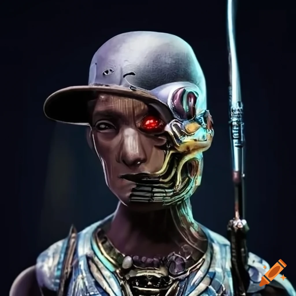 Cyborg tutankhamun with a fishing rod and bass pro shop hat on Craiyon