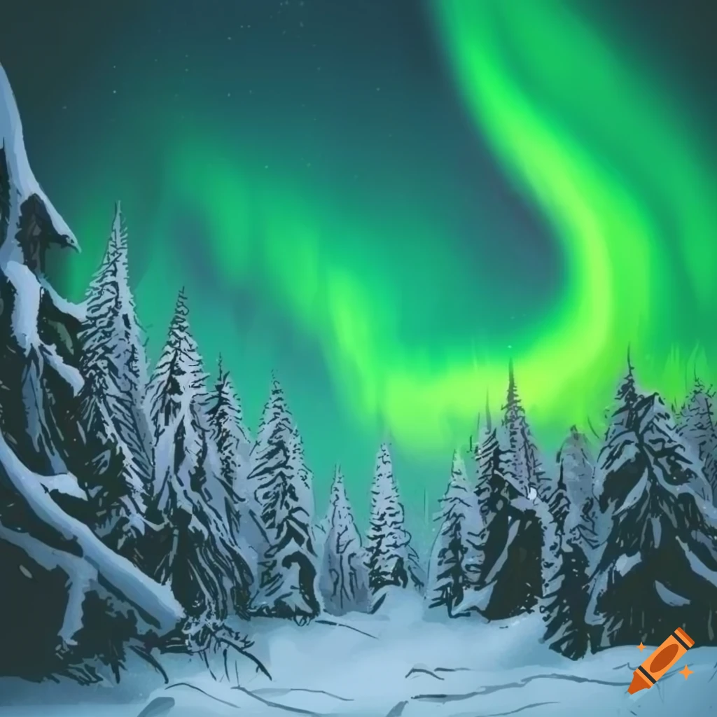 Norse style comic cover of a snow-covered forest with northern lights ...
