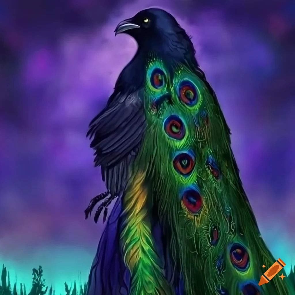 Illustrated raven with peacock feather cloak in mystical forest under ...