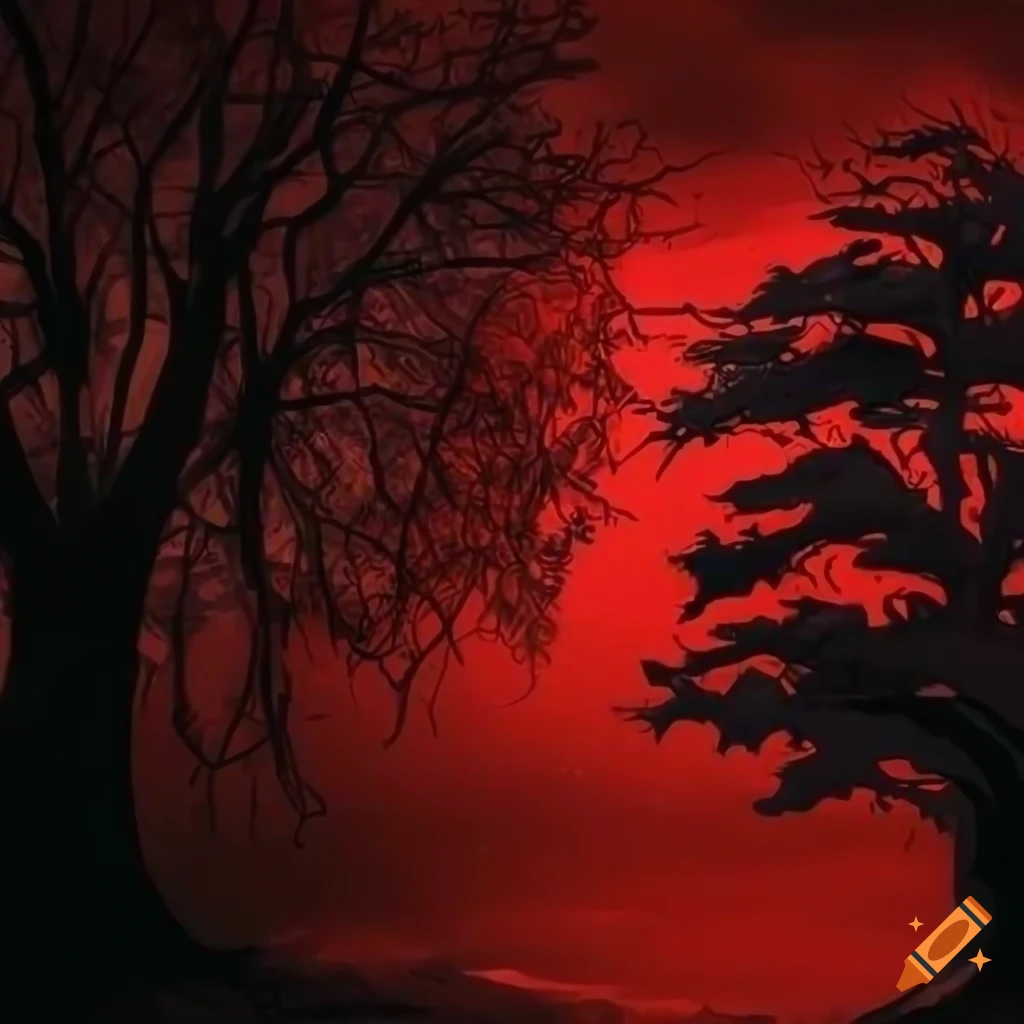 Chico rodeado de árboles negro azabache con un cielo tenebroso rojo ...