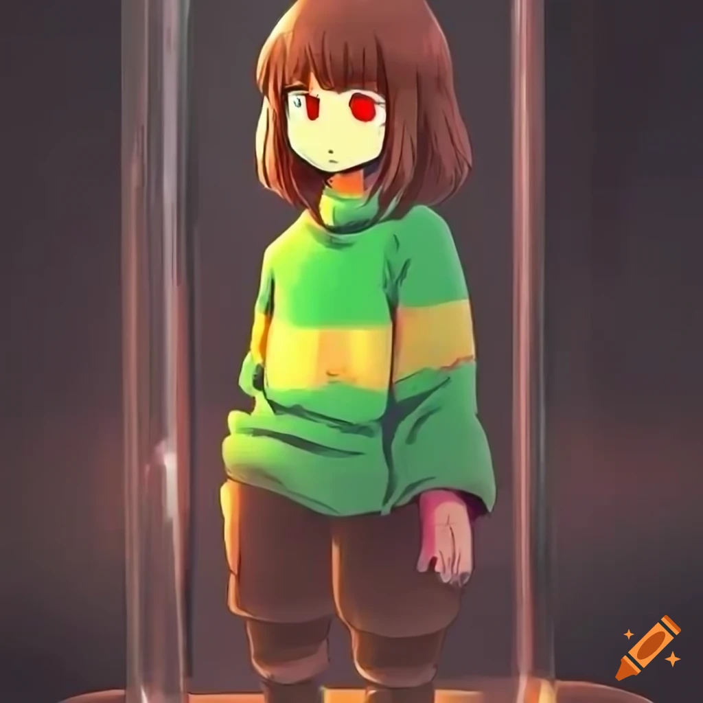 Undertale character in a glass tube inside a lab on Craiyon