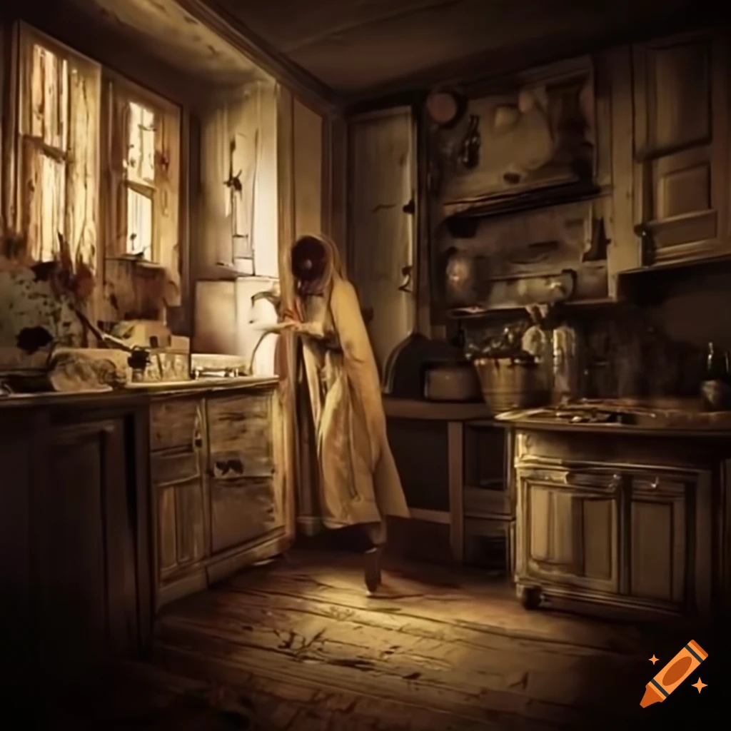 Mysterious old european house kitchen with a scary woman in the ...
