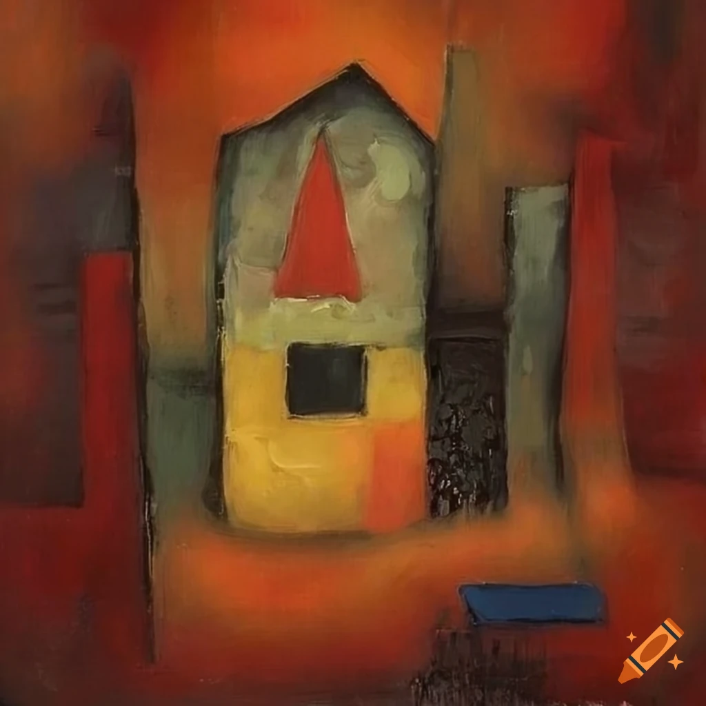 Surrealist Paul Klee oil painting with houses, symbols, fish, squares ...