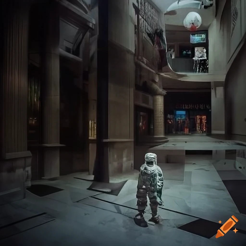 Highly detailed hyper-realistic modern abandoned shopping mall with ...