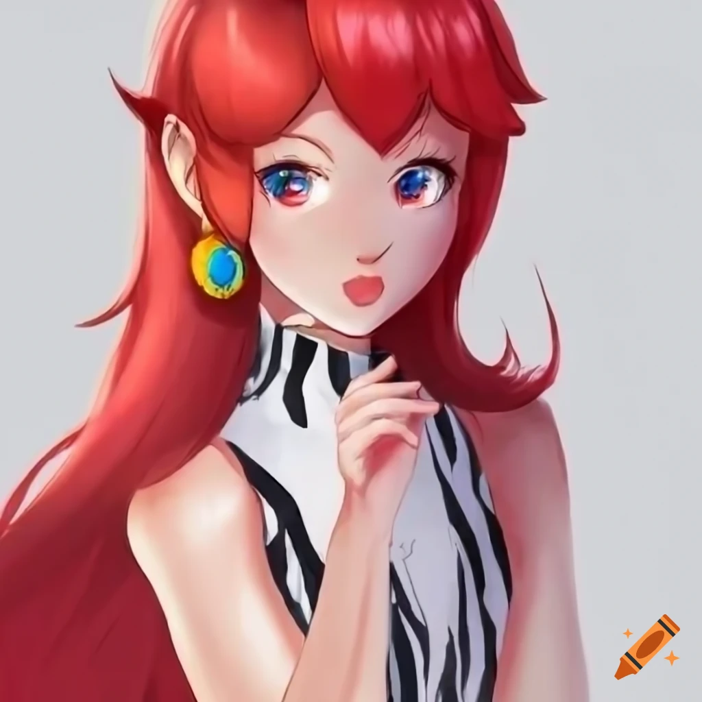 Princess Peach with straight red hair in a white zebra print dress on ...