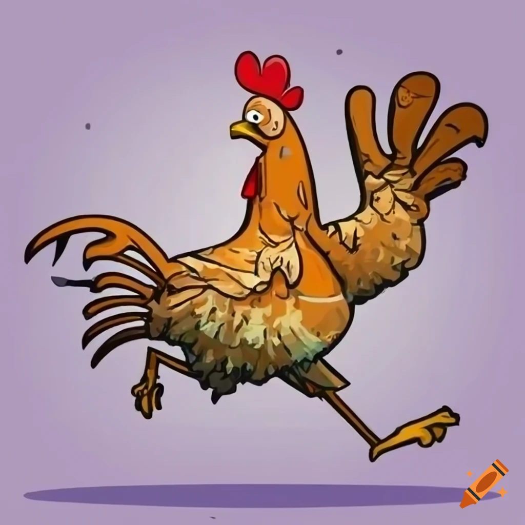 Distressed cartoon chicken running around on Craiyon