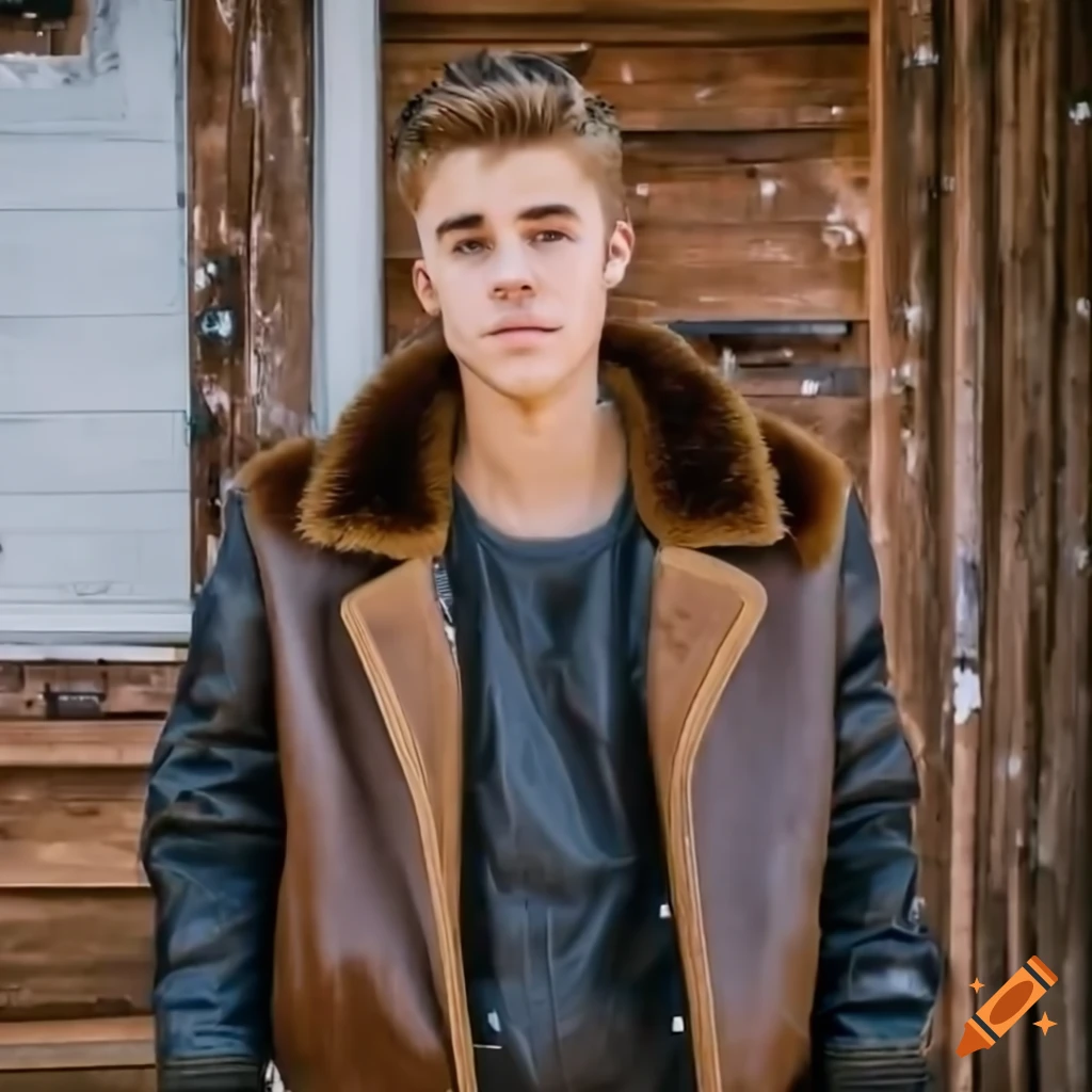 Singer in aged brown sheepskin bomber jacket and high-waist black ...