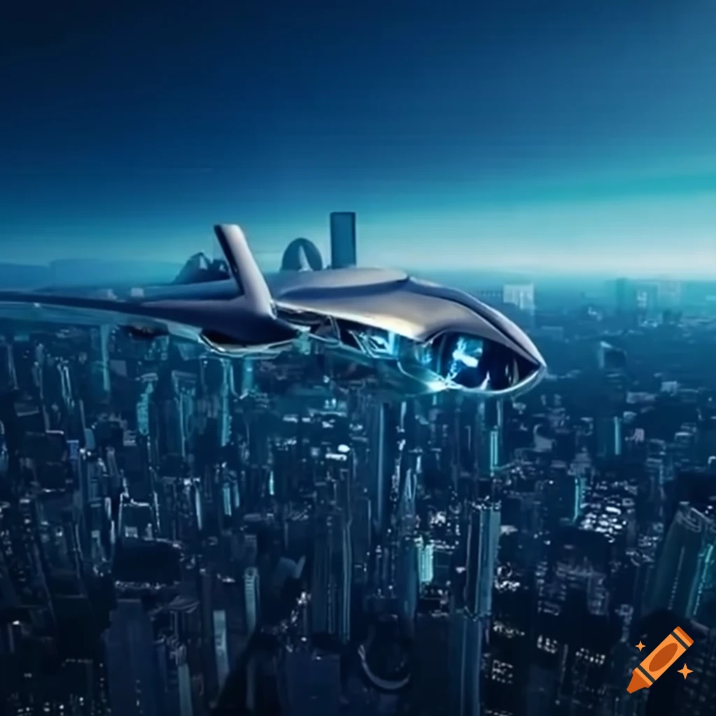 Futuristic plane flying over turbulent cityscape on Craiyon