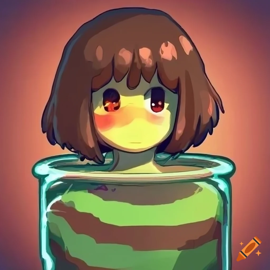 Chara from Undertale inside a vintage jar on Craiyon