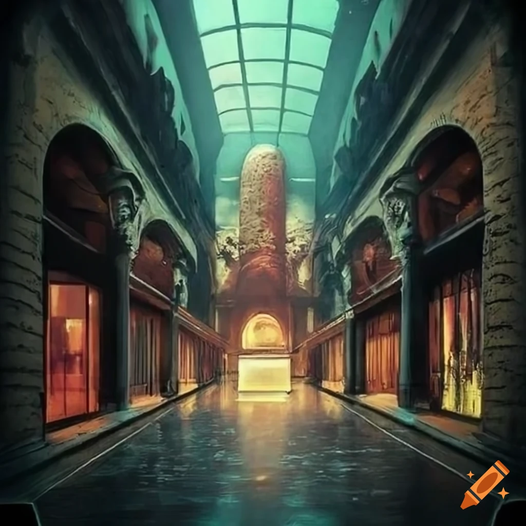 Intricate hyper-realistic dead shopping mall with a mysterious ...