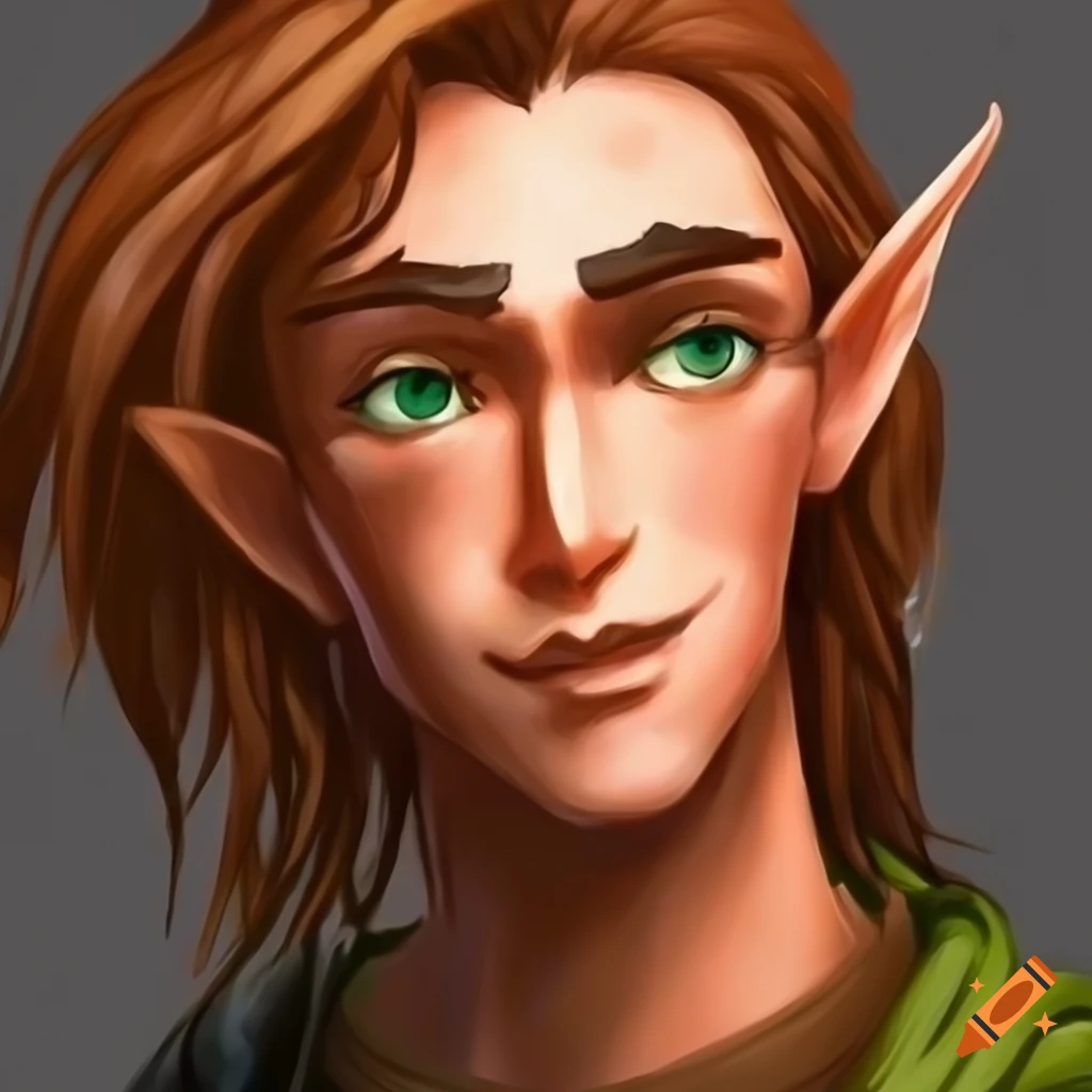 Whimsical close-up of a handsome elf rogue with brown hair in a vibrant 2d cartoon style on Craiyon