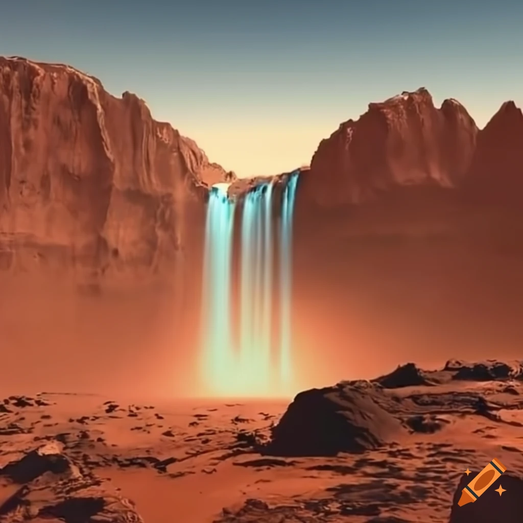 Blue waterfall from rocky mountains on mars on Craiyon