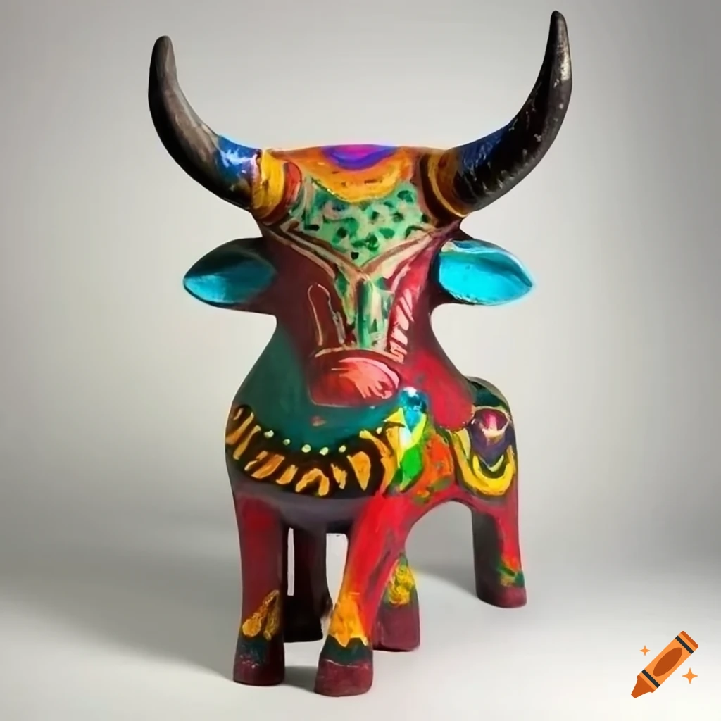 Wooden Bali bull with colorful markings in a primitive art craft style ...