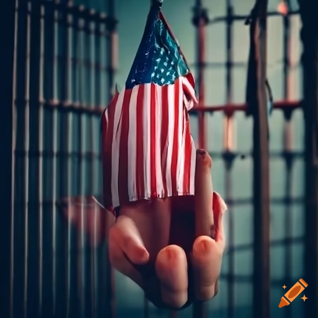 Person holding american flag in a cell with determination on Craiyon
