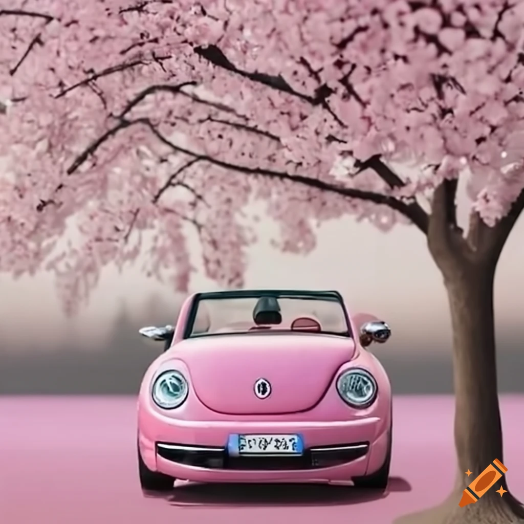 Pink vw beetle convertible surrounded by cherry blossom trees on Craiyon