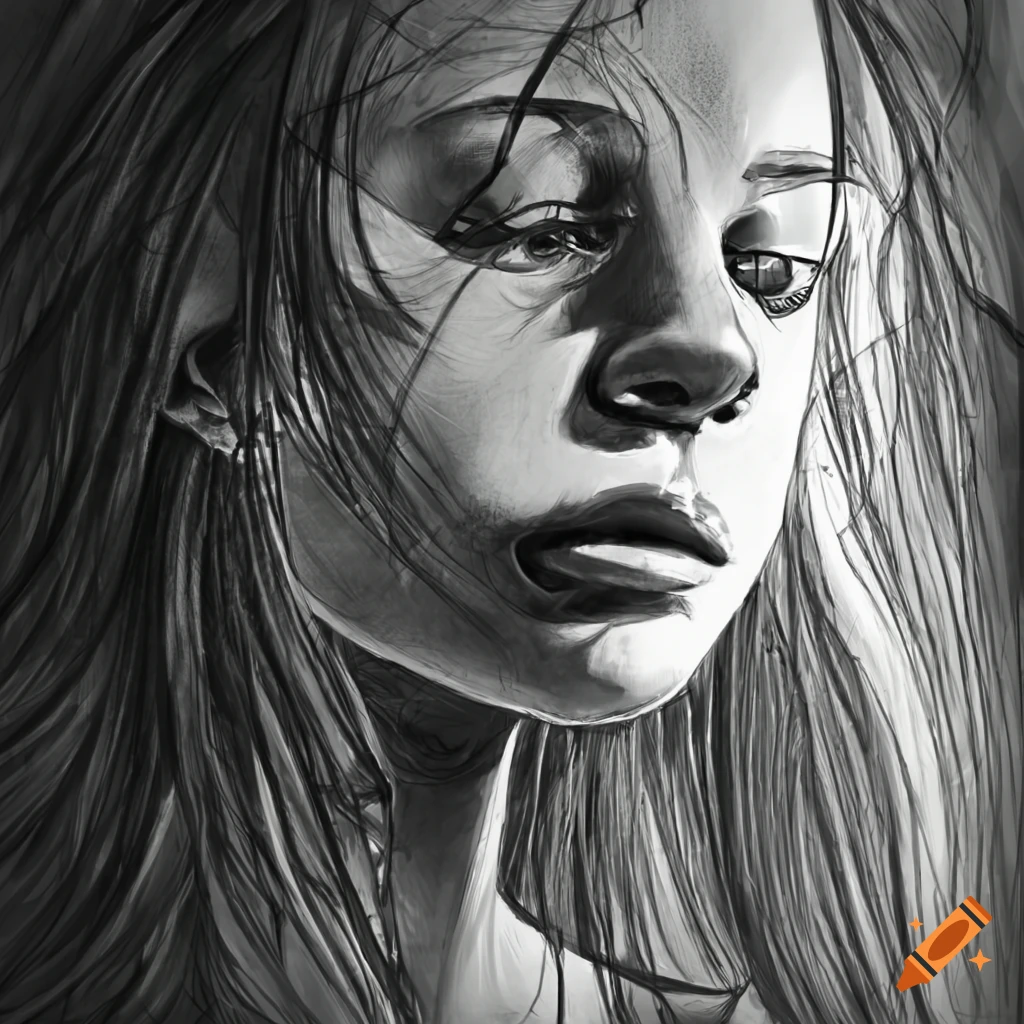 Black and white tragic drawing on Craiyon