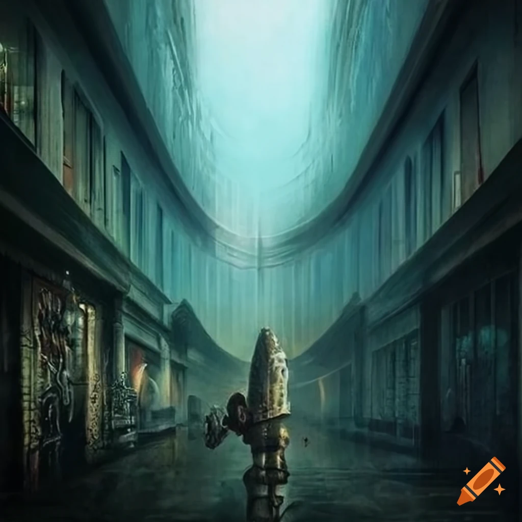 Hyper-realistic dead shopping mall with an astronaut exploring in the ...