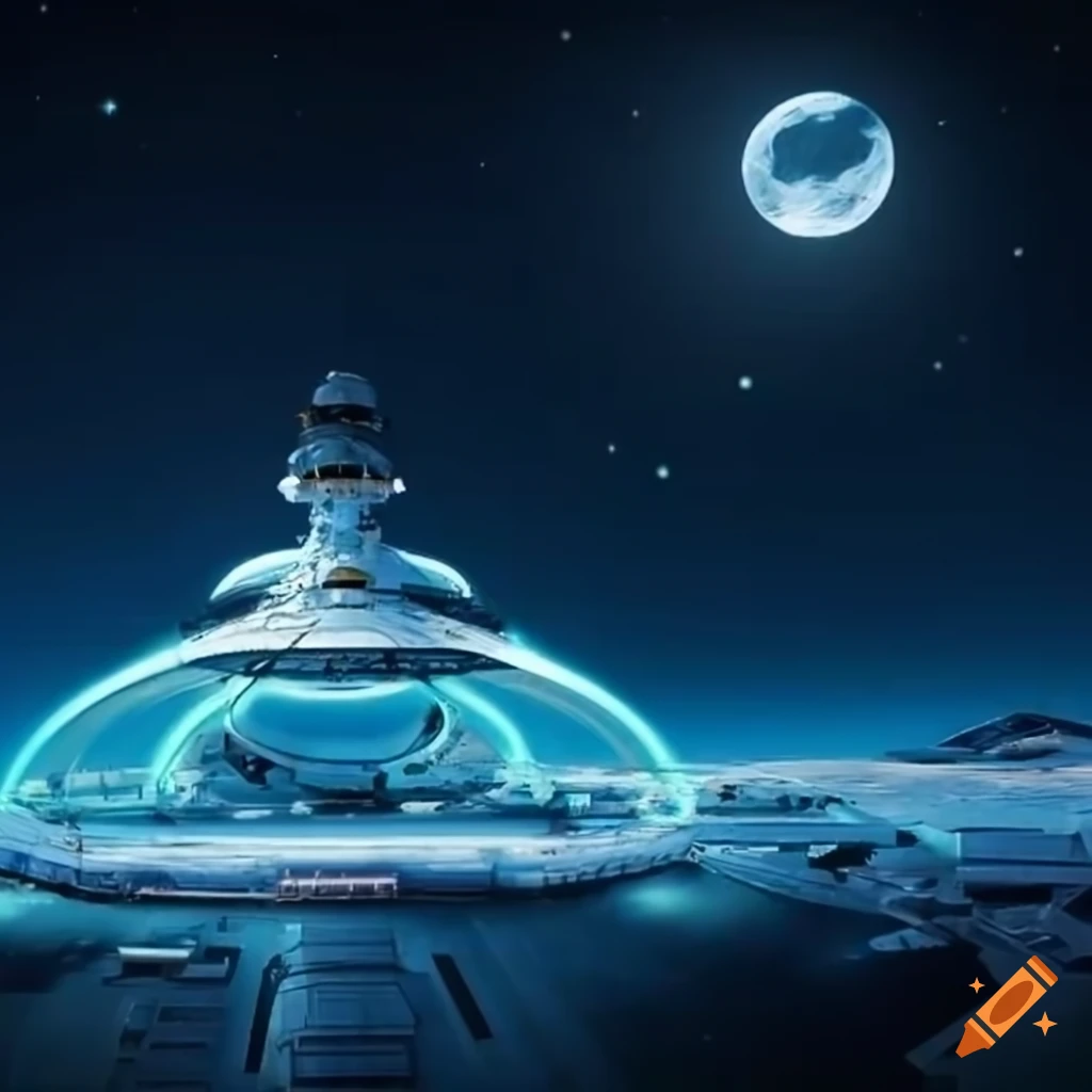 Futuristic space station with glowing structures in a lunar landscape on Craiyon