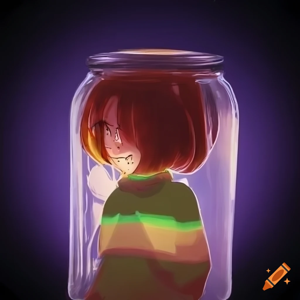 Undertale character Chara in a vintage display glass jar on Craiyon