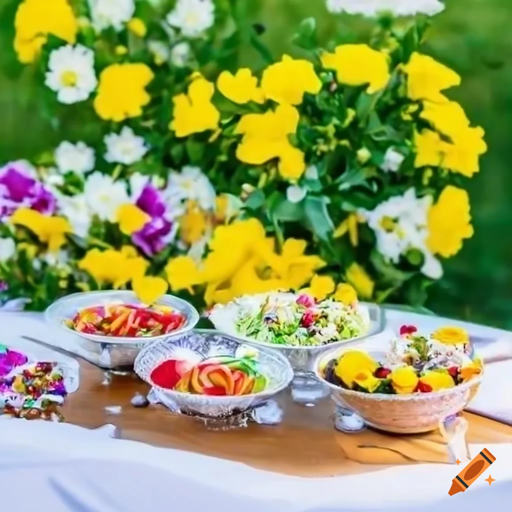 Traditional Midsommar festival with flowers and candy on a table on Craiyon
