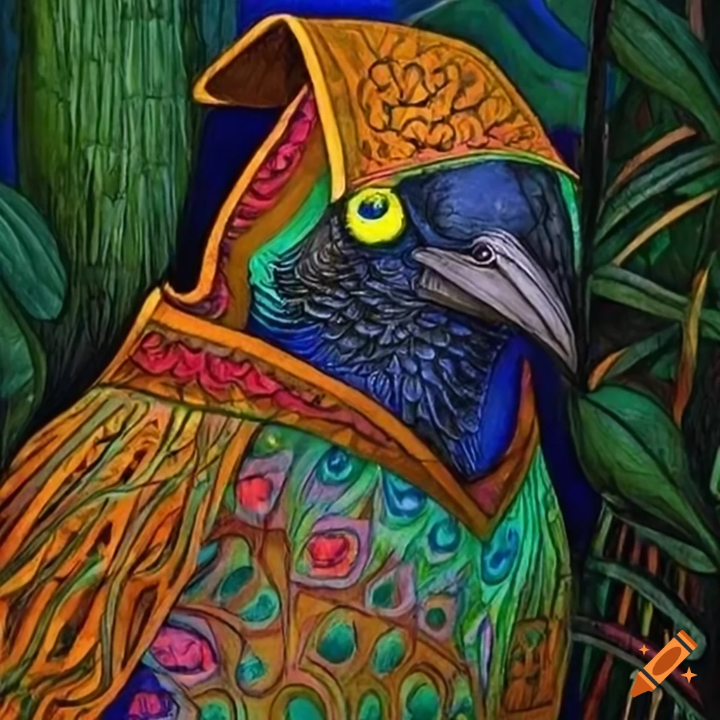 Raven in a hooded cloak of colorful iridescent Peacock feathers in a ...